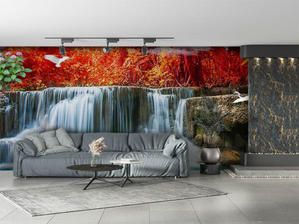 3D Red Dawn Waterfall Wallpaper - Magicdecor®