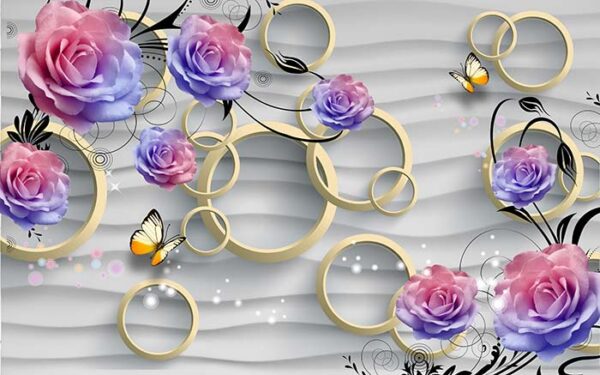 Pink and Blue Roses and 3D Circles Wallpaper for Wall - Magicdecor®