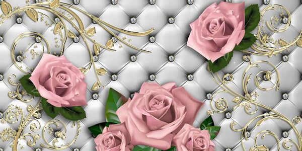 Pink Roses With Gold Stems and Silver Background Wallpaper for Wall ...