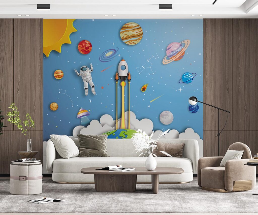3D Space Rocket Inspiring Wallpaper for Kids Room - Magicdecor®