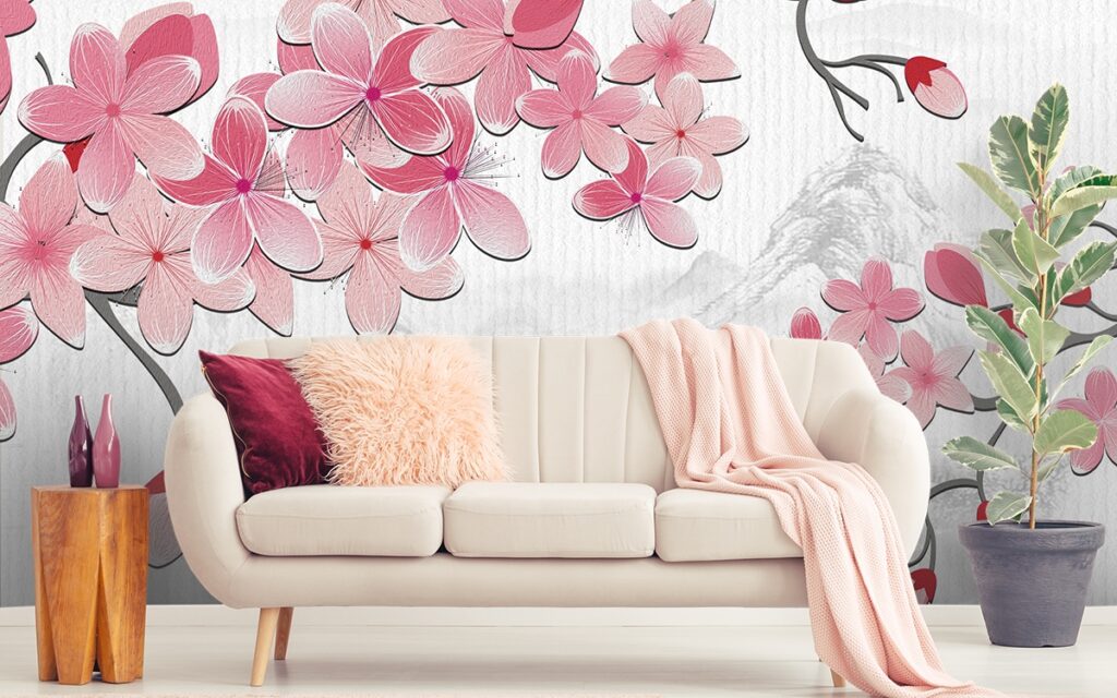 A bird on a branch with pink flowers - Magicdecor®