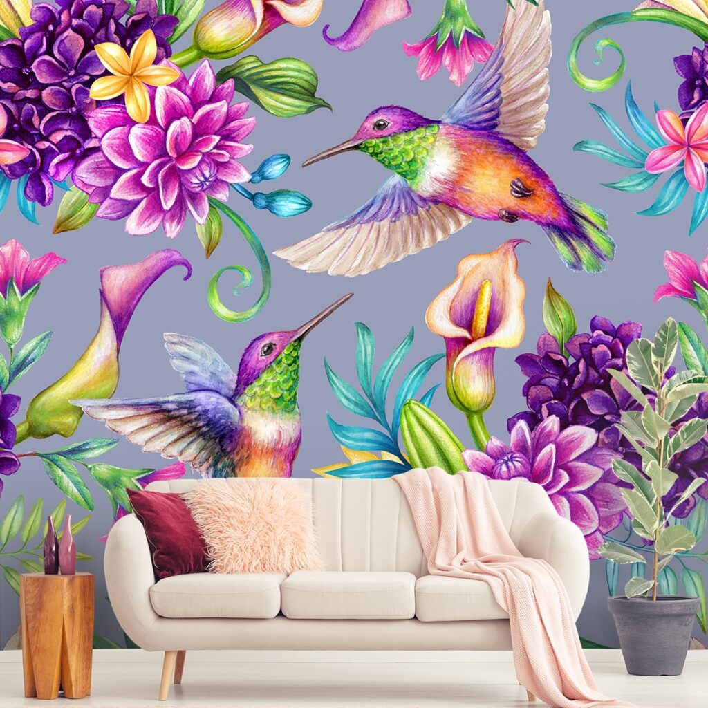 Deewar Wallpaper, Colorful hummingbirds and flowers - Magicdecor®