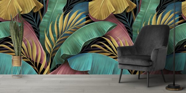 Deewar Wallpaper, Colorful leaves on a black background - Magicdecor®