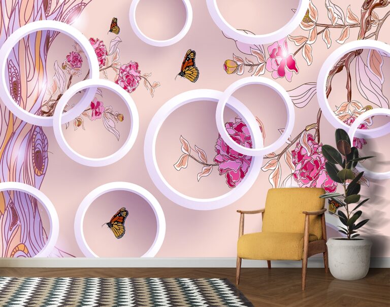 3D White Circles, Flowers and Butterflies Wallpaper for Living Room - Magicdecor®