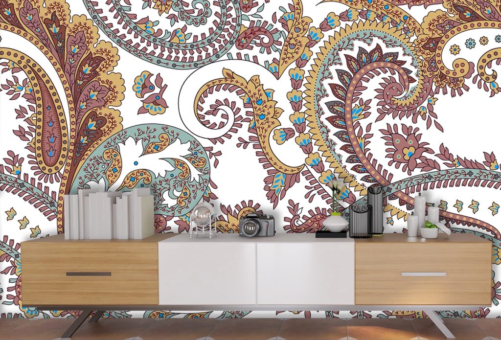 Deewar Wallpaper, Colorful paisley pattern on a white background ...