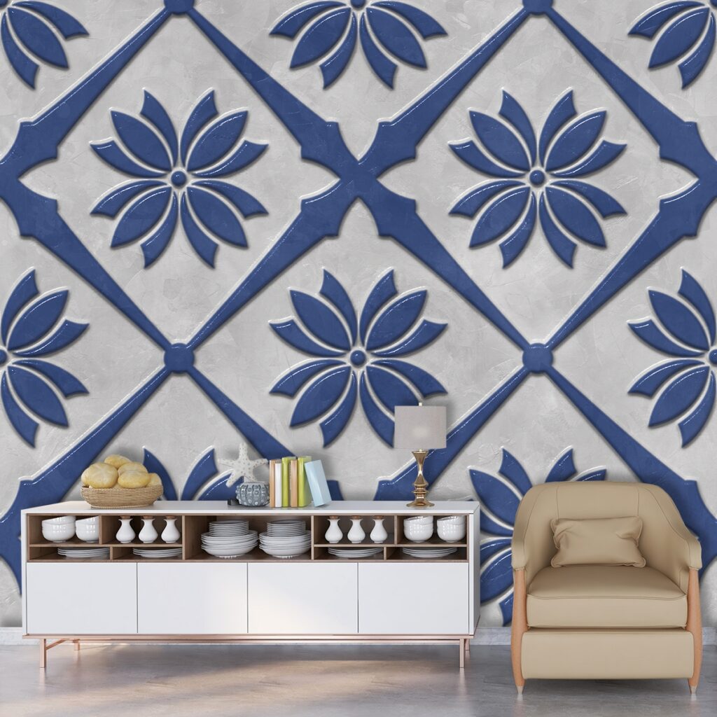 Blue and White Patterned Floral 3D Wallpaper - Magic Decor