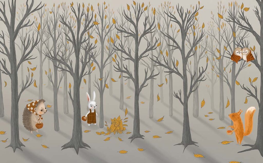 A cartoon of a rabbit in a forest of trees - Magicdecor®