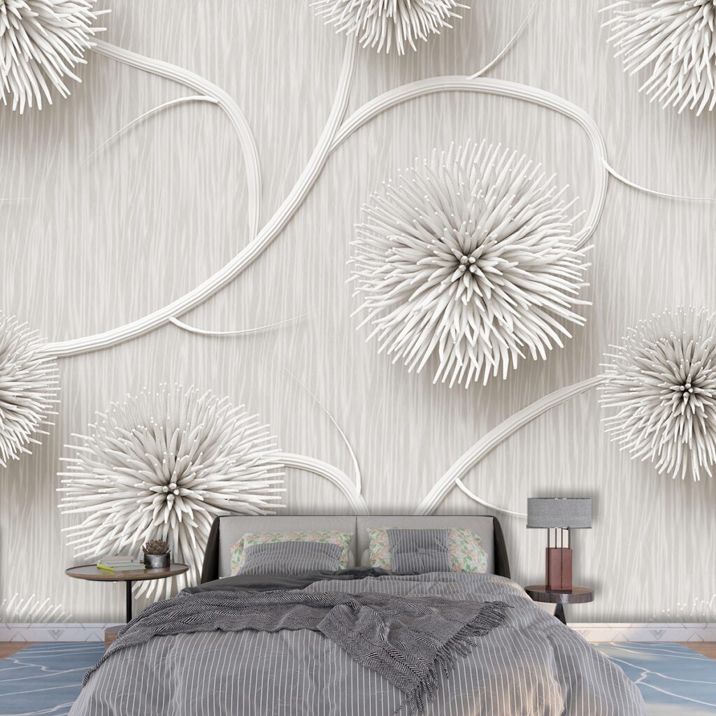 3D White Flower Design on a White Background Wallpaper for Living Room ...