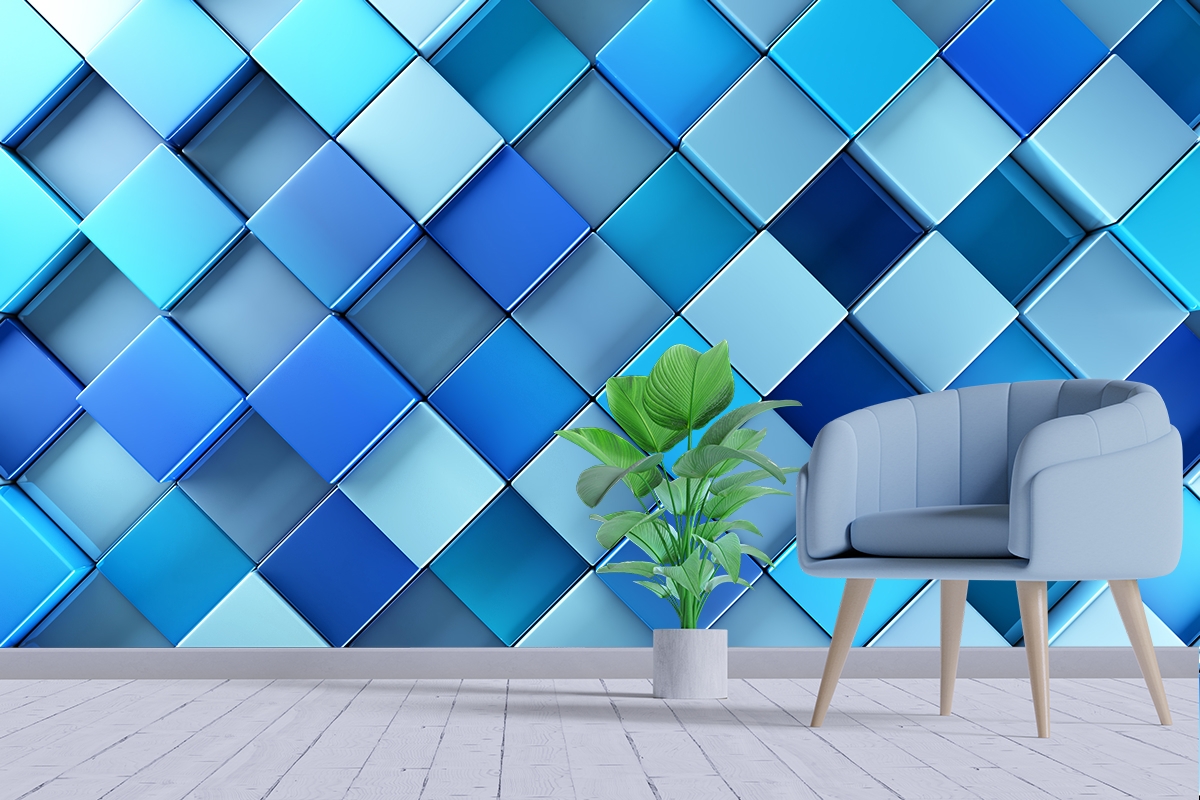 3D Bathroom Wallpaper - Blue Squares Pattern - Magic Decor