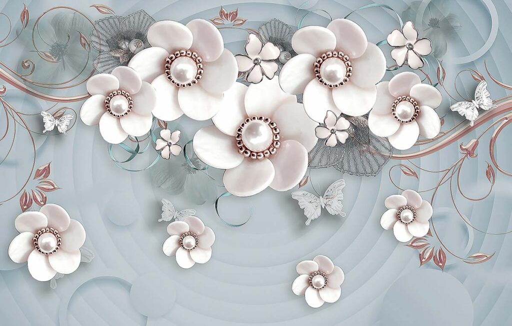 3D White Flowers With Pearls Wallpaper for Living Room - Magicdecor®
