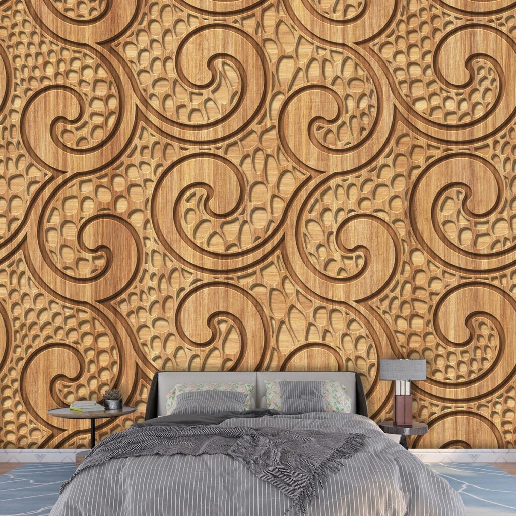 3d Wooden Look Carving with Swirls Wallpaper for Living Room - Magicdecor®