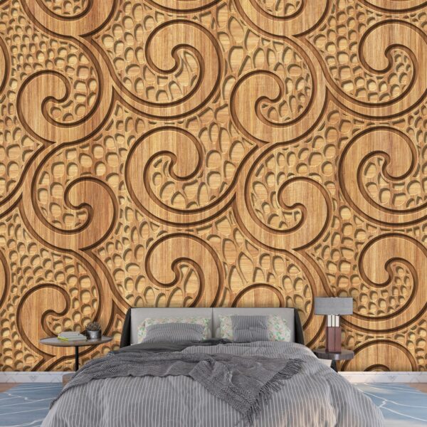 3d Wooden Look Carving with Swirls Wallpaper for Living Room - Magicdecor®