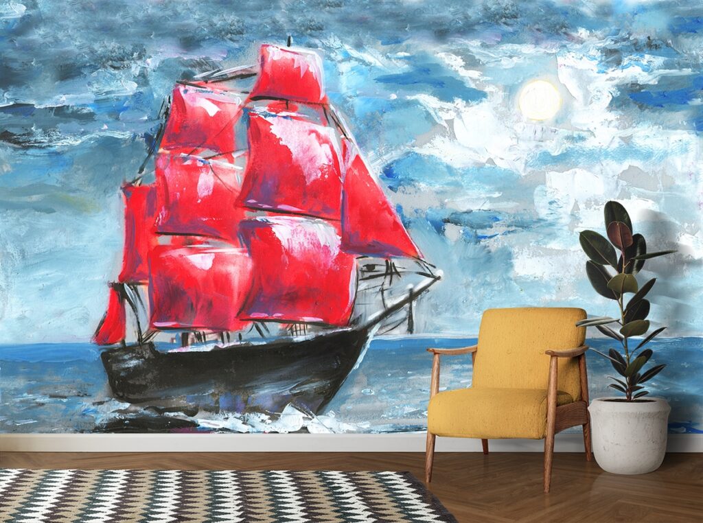 Ship with Red Sails Wallpaper - Magic Decor