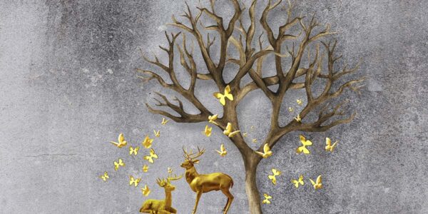 Tree with Butterflies and Deer, 3D Wallpaper For Living Room - Magicdecor®