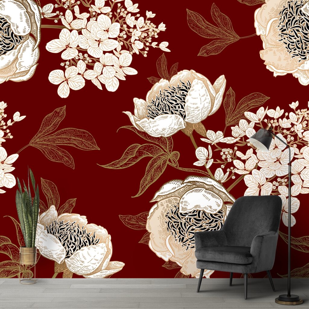A Wallpaper Pattern of White Flowers and Leaves on Wall - Magicdecor®