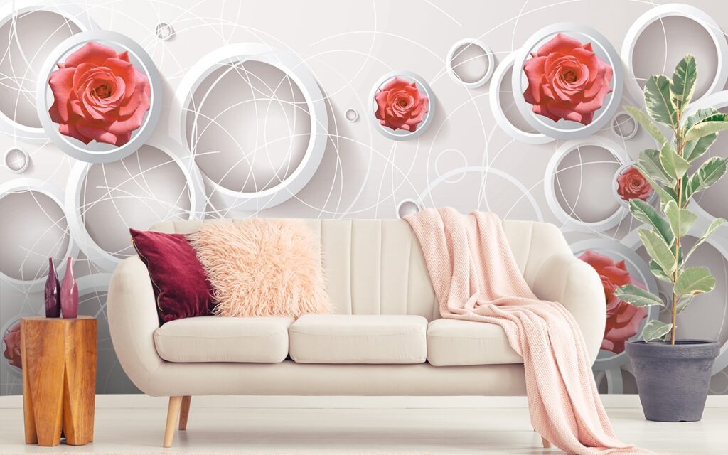 Wallpaper with 3D Circles and Roses for Wall - Magicdecor®