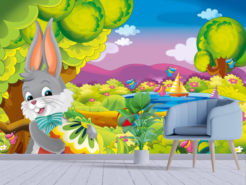 Rabbit Waving Cartoon Wallpaper for Childrens Room