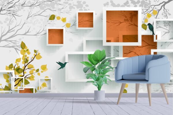 A wall mural with squares and birds - Magicdecor®