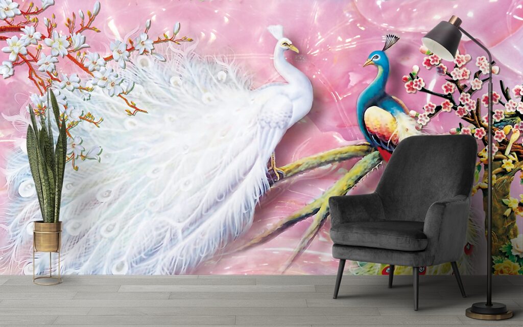 White and Blue Peacocks Wallpaper - Magicdecor®