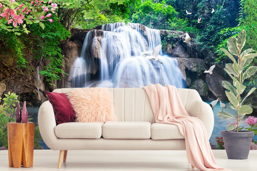 Waterfall Wallpaper for walls, Group of birds in a pond with a waterfall - Magicdecor®