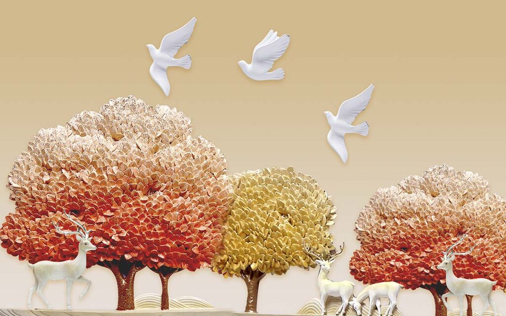 A group of trees with white birds flying in the air - Magicdecor®
