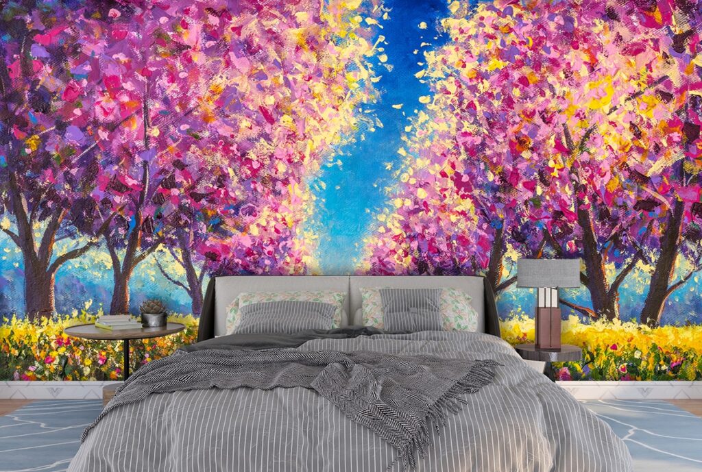 A painting of a path with pink trees and flowers - Magicdecor®