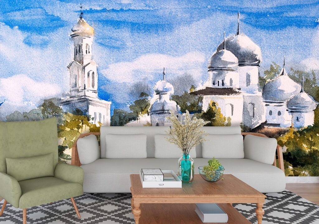 Watercolor of a building with domes and trees by a body of water ...