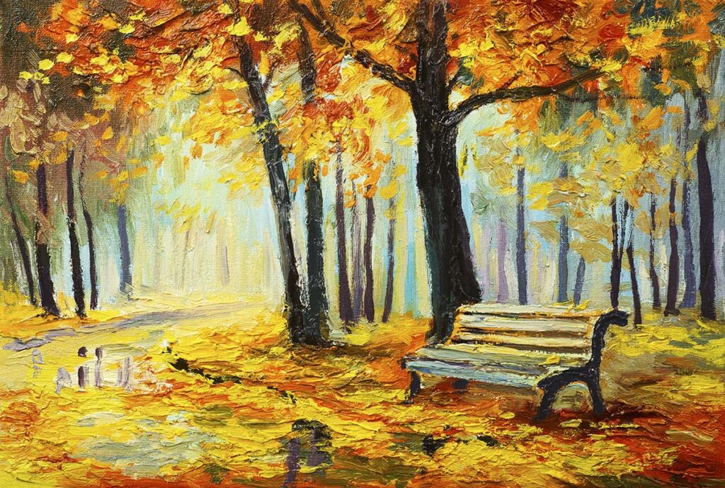 A painting of a bench in a park with trees and leaves - Magic Decor