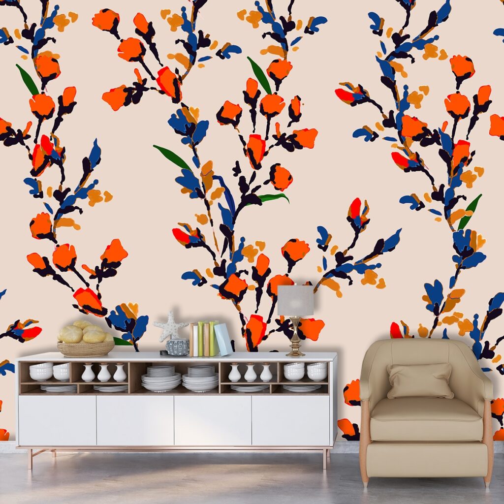 Wall Paper for Balcony, Pattern of orange flowers and blue leaves - Magicdecor®
