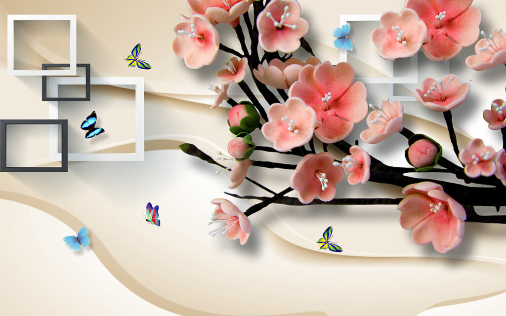 A pink flowers on a branch with butterflies - Magicdecor®