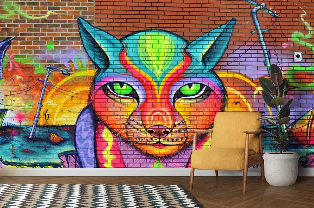 A colorful cat mural on a brick wall - Magicdecor®
