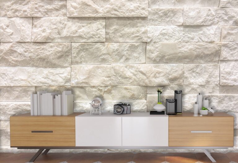 A white brick wall with many rectangular bricks - Magicdecor®