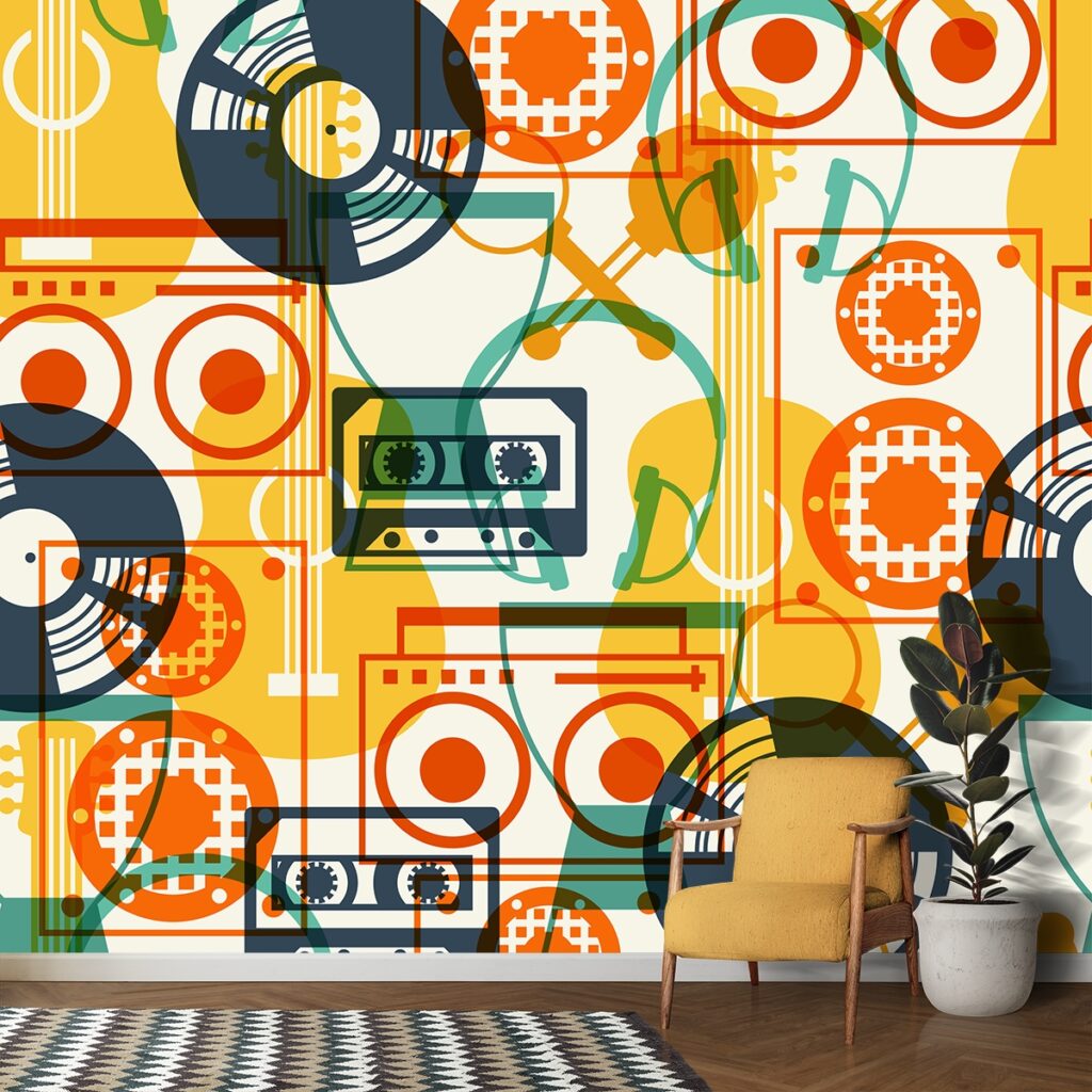 Music Themed Wall Mural with Old Tapes - Magicdecor®