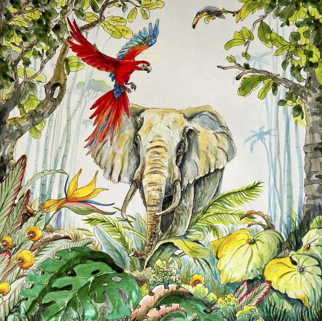 Wallpaper of An Elephant and Parrot in Jungle - Magicdecor®