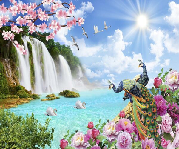 A Wallpaper for Walls with Waterfall Birds and Animals - Magicdecor®