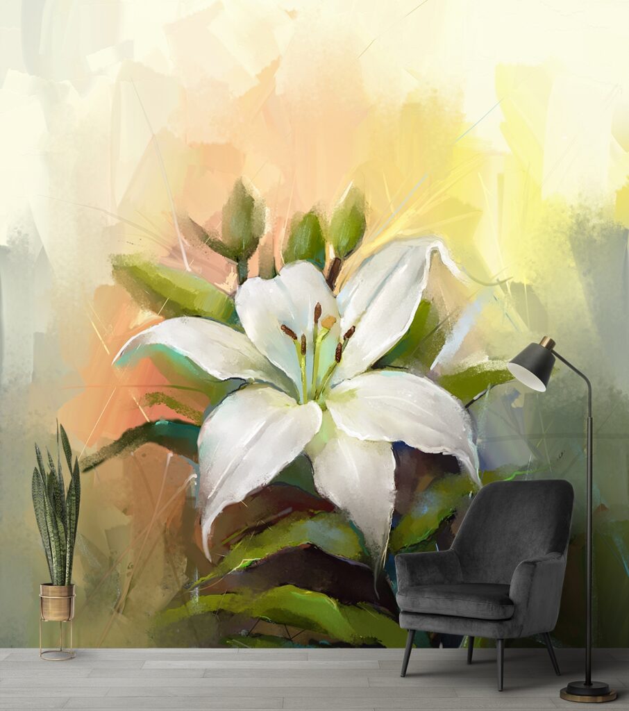 A white flower with green leaves - Magicdecor®