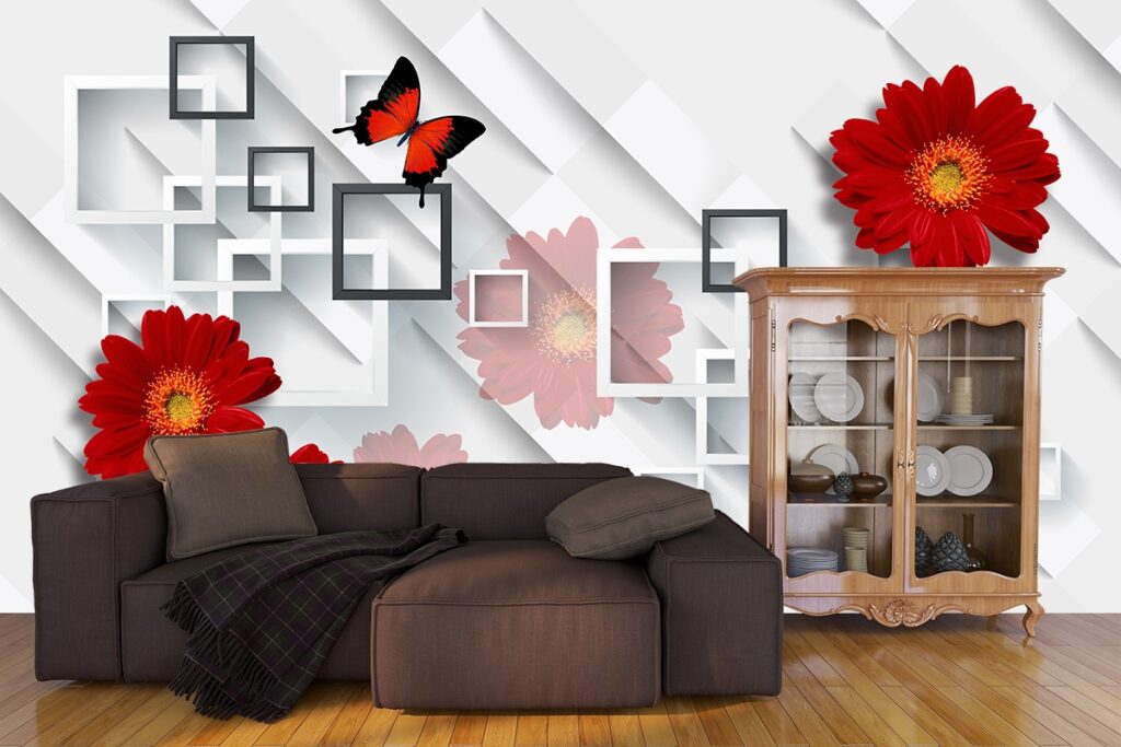 A wallpaper with red flowers and black squares - Magicdecor®