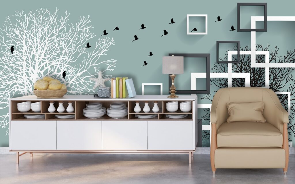 A wall mural with birds flying over trees - Magicdecor®