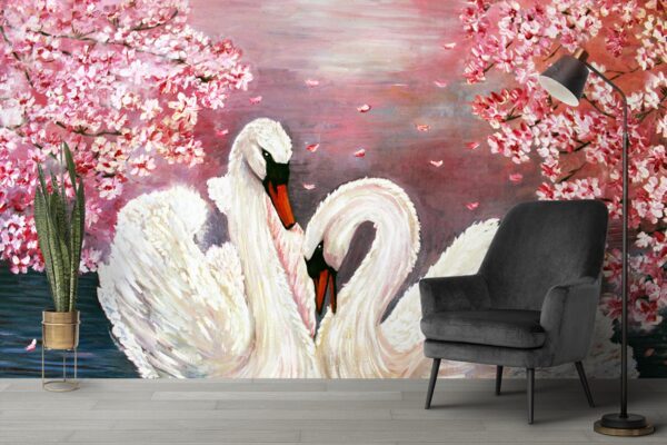 A painting of swans in water with pink flowers - Magic Decor