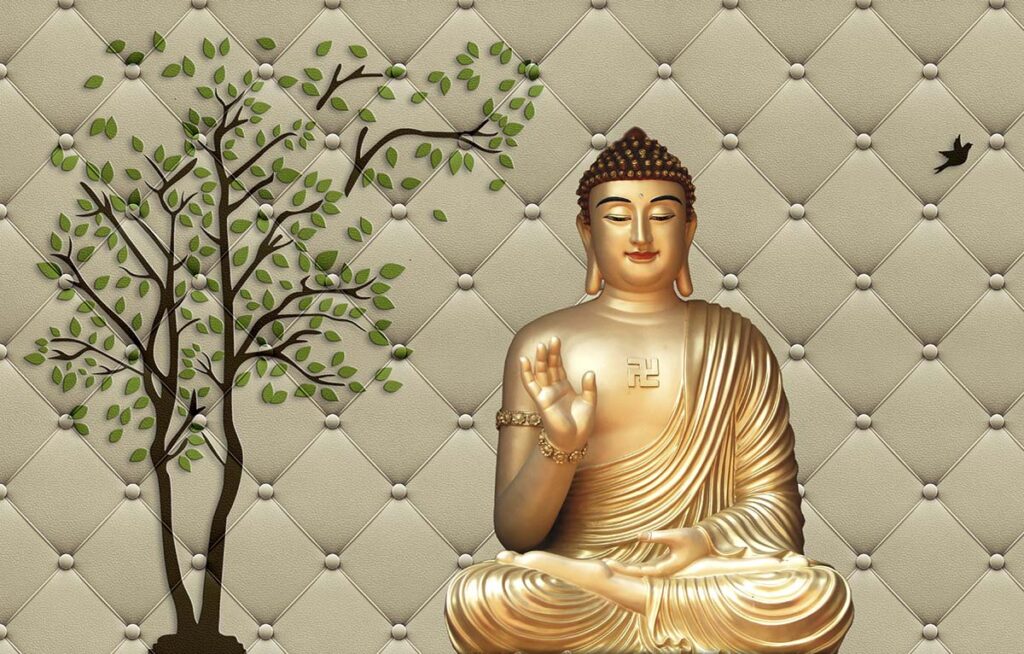 Statue of Golden Buddha Meditating Mural Sculpture with Tree - Magicdecor®