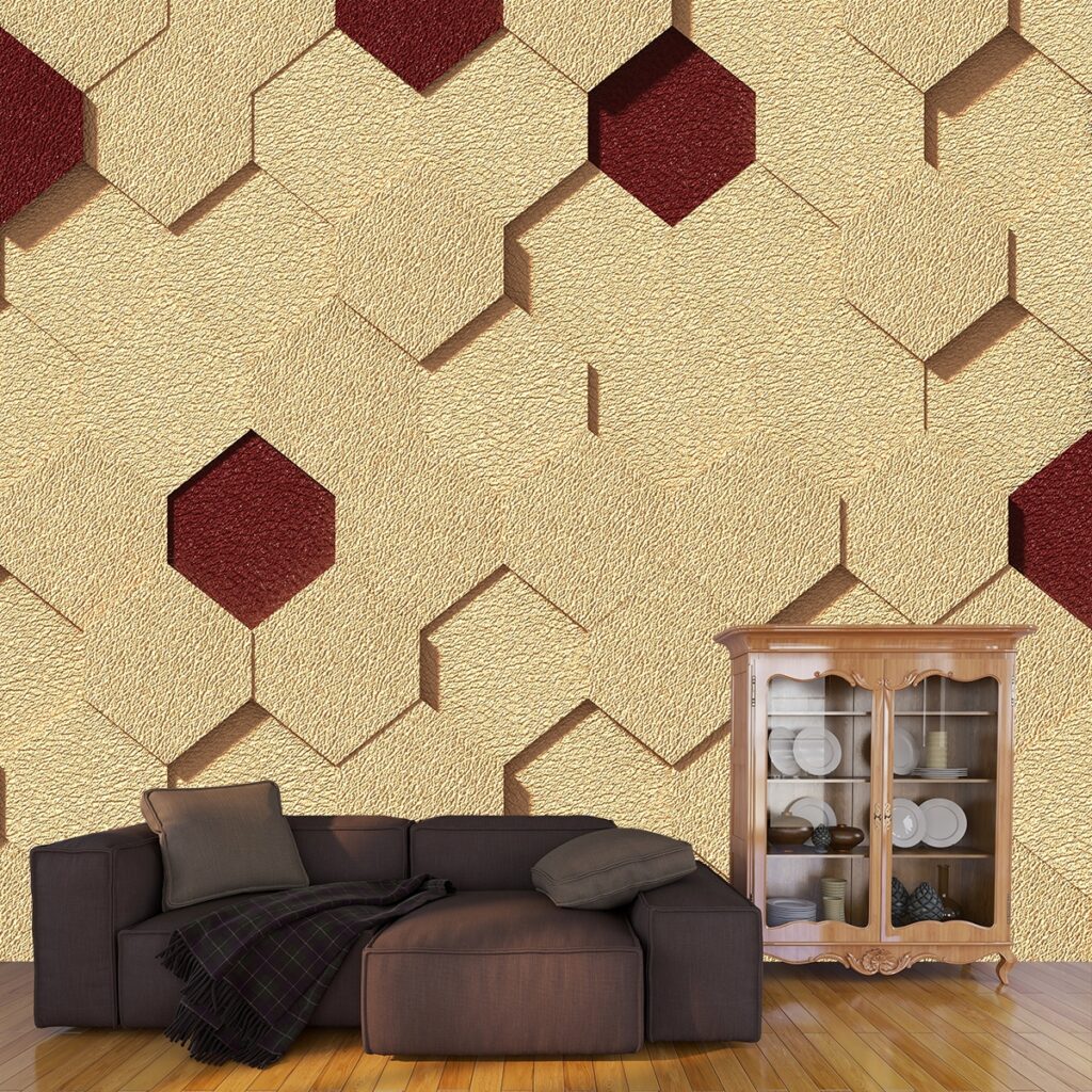 Beige and Maroon 3d Wall Mural with Hexagon - Magicdecor®