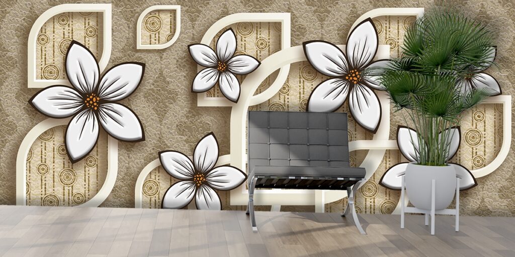 A wallpaper with white flowers and curved shapes - Magicdecor®