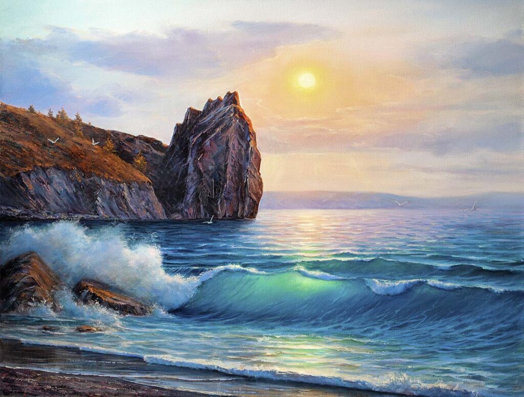A painting of a beach with waves crashing on rocks - Magicdecor®