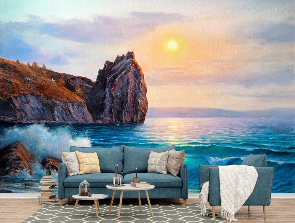 A painting of a beach with waves crashing on rocks - Magicdecor®