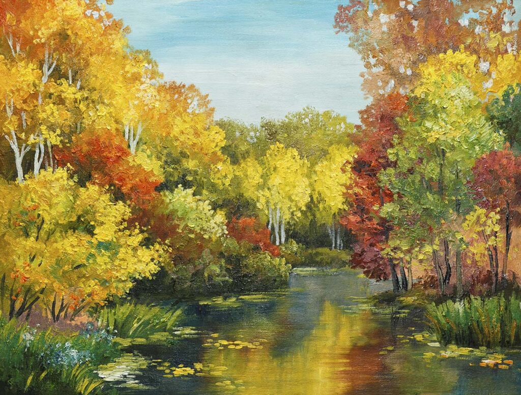 A painting of a river with trees and plants - Magicdecor®
