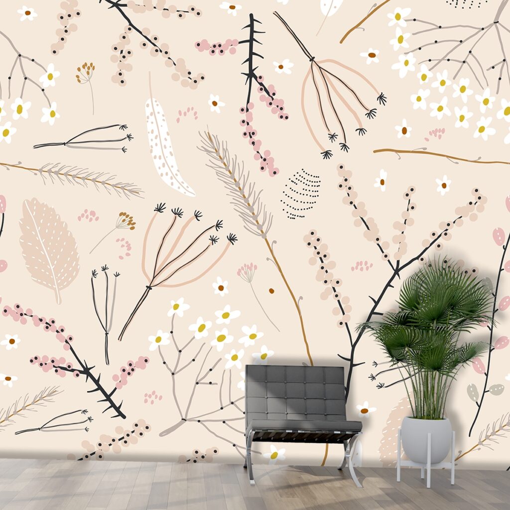 A Wallpaper Pattern with a Beige Background and Botanical Blooms - Magicdecor®