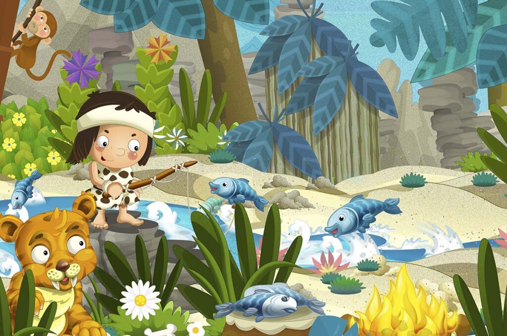 Kids Room Wallpaper - A cartoon of a caveman fishing