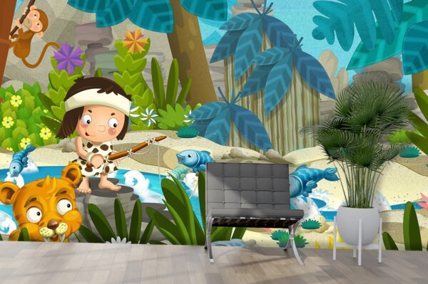 Kids Room Wallpaper - A cartoon of a caveman fishing