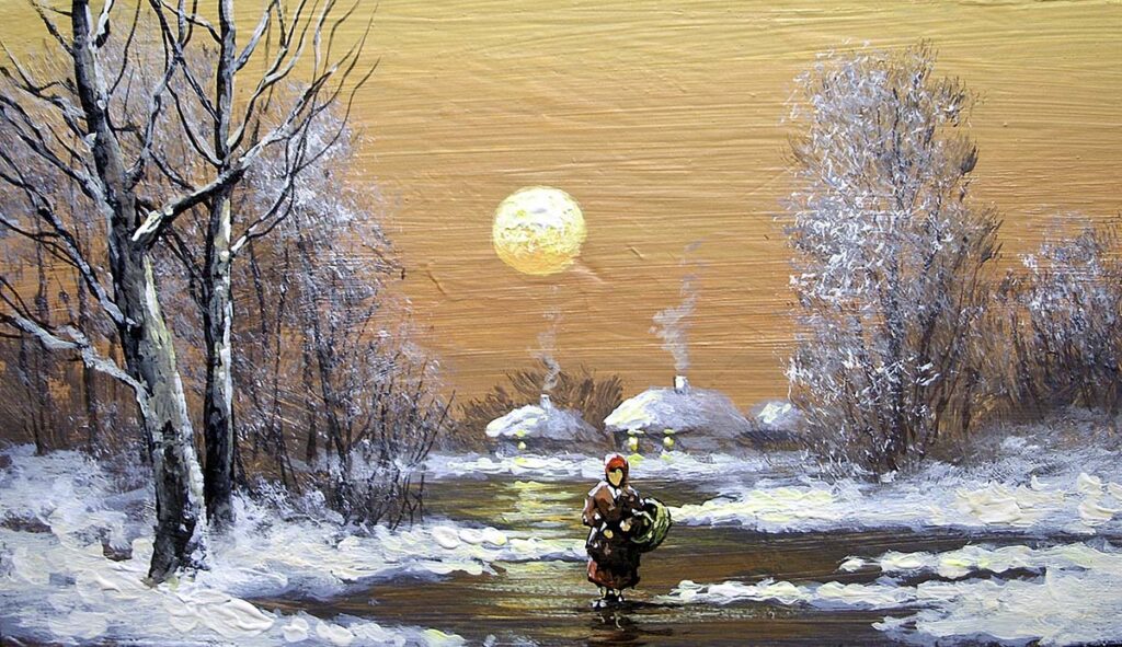A painting of a woman walking in the snow - Magicdecor®