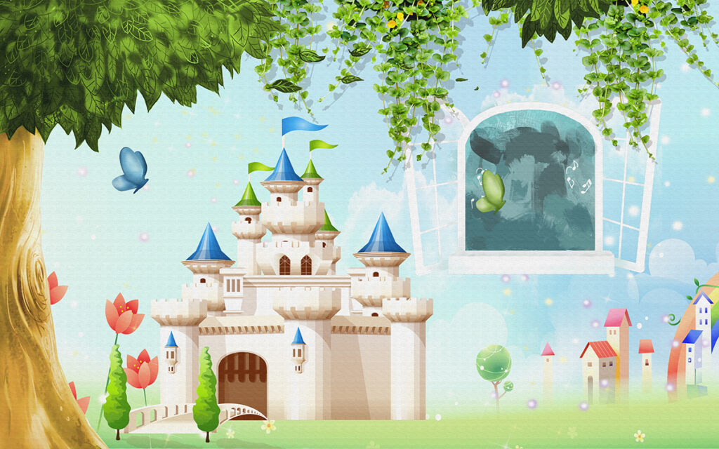 Kids Room Wallpaper - A cartoon castle with blue flags and flowers